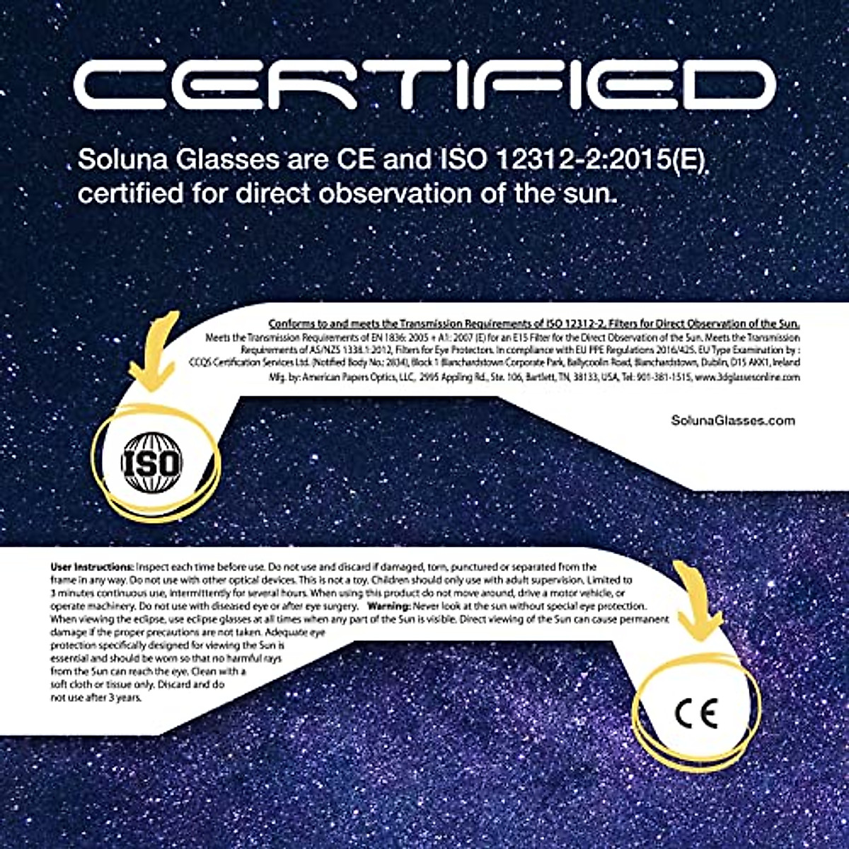 Soluna Solar Eclipse Glasses - CE and ISO Certified Safe Shades for Direct Sun Viewing - Made in the USA (10 Pack)