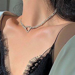 JONKY Rhinestone Choker Necklace Silver Heart Necklaces Crystal Chokers Bling Neck Jewelry for Women (Heart Choker)
