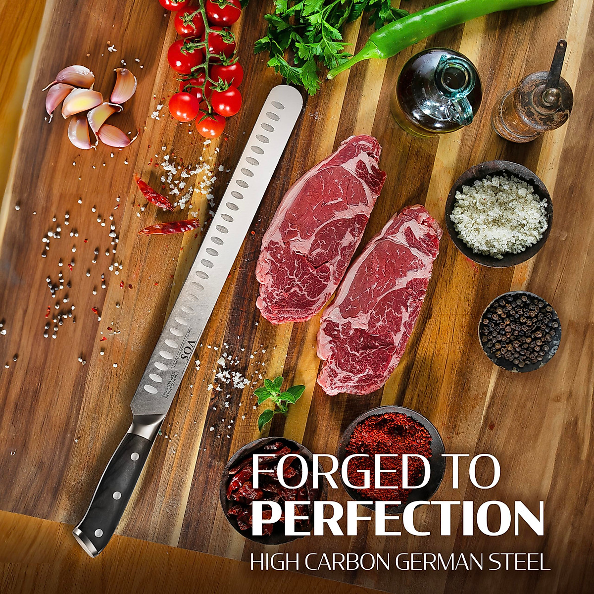 Vos 12'' Carving & Brisket Knife - Razor Sharp German Steel Butcher & Slicing Knife with Ergonomic Handle - Perfect for Meat, Bread, Cheese - Gift Box Included - BBQ & Kitchen Essential