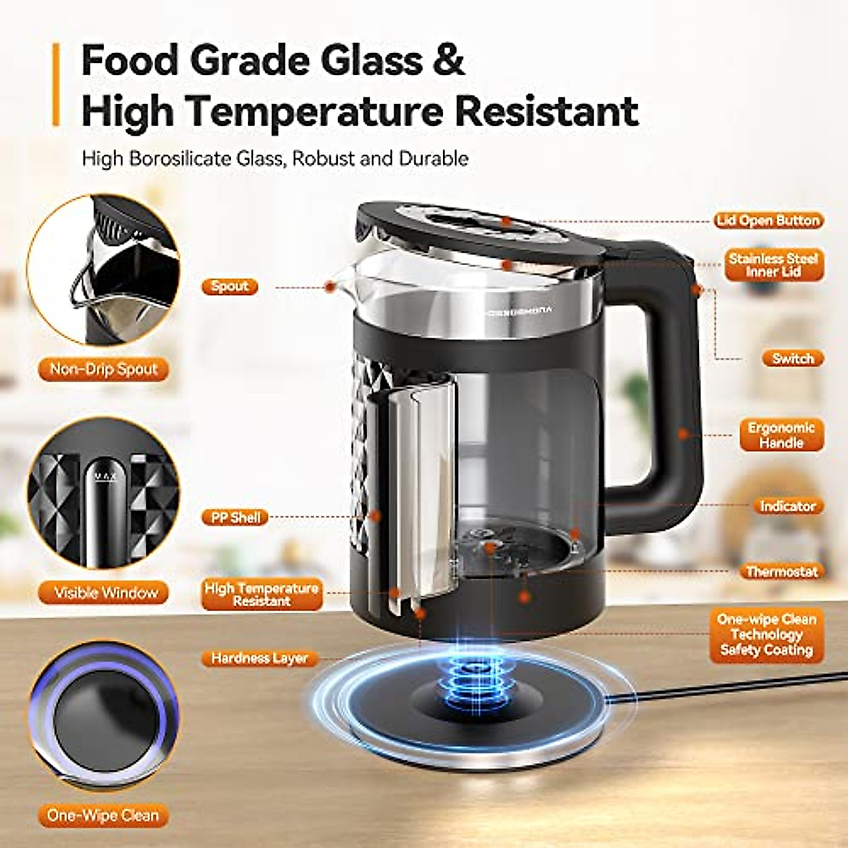 Electric Kettle, 1.7L Hot Water Kettles Upgraded One Wipe Clean Bottom, Quiet Water Boiler with LED Indicator, Glass Tea Kettles for Boiling Water, Auto Shut-Off & Boil-Dry Protection, Black