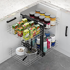 Blind Corner Cabinet Pull Out Organizer with 4 Chrome Stainless Steel Storage Baskets Shelf Kitchen Blind Corner Pull Out Shelf for Organizing Cans, Pots, Pans, Left Or Right Handed Open