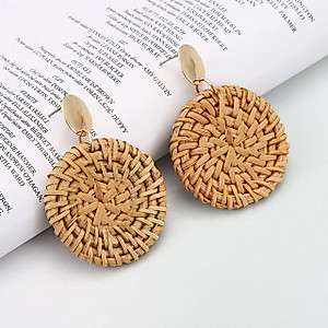 Rattan Earrings Handmade Straw Wicker Braid Woven Drop Earrings Boho Round Disc Earrings Lightweight Statement Stud Earrings For Women (metal disc)