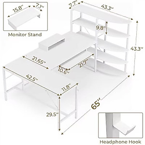 SEDETA L Shaped Computer Desk, 65'' Corner Gaming Desk with Keyboard Tray & LED Lights, L Shaped Desk with Storage Shelves, Monitor Stand and Headphone Hook for Home Office, White