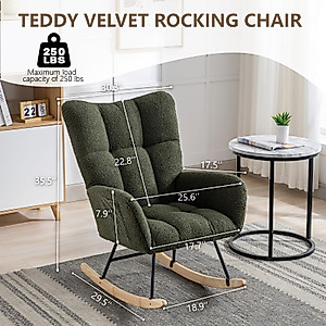 Rocking Chair Nursery, Teddy Upholstered Glider Rocker, Modern Accent Chair with High Backrest Padded Seat Pocket, Cozy Armchair Side Chair for Living Room, Bedroom, Office, Balcony, Dark Green
