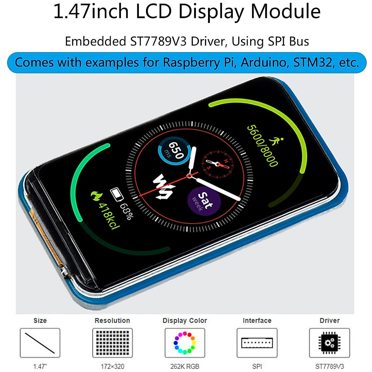 waveshare 1.47inch Round LCD Display Module for Arduin/Raspberry Pi/STM32, IPS Screen Monitor 172x320 Resolution,SPI Interface 262K RGB Colors, Clear and Colorful Displaying Effect