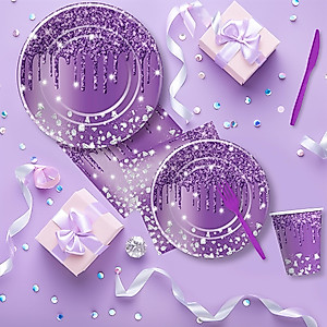 YJRJSC Purple Plates And Napkins Party Supplies - Purple Party Decorations Tableware, Paper Plate, Napkin, Cup, Disposable Cutlery, Glitter Purple Bridal Shower Birthday Table Decorations | Serve 24