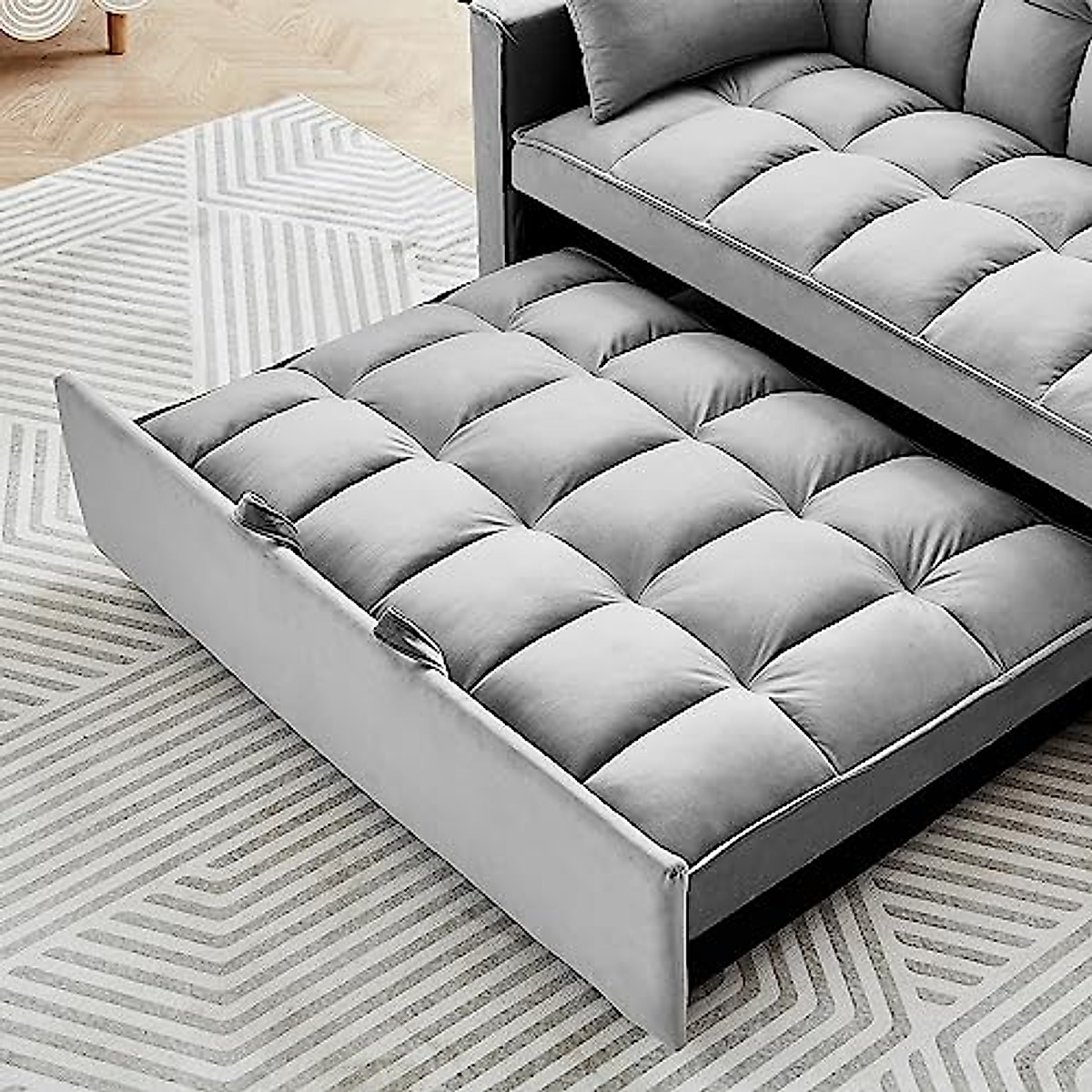 YOUMU Sleeper Sofa Couch w/Pull Out Bed, 55" Modern Velvet Convertible Sleeper Sofa Bed, Small Love seat Sofa Bed w/Pillows & Side Pockets for Small Space, Living Room, Apartment (Grey,55")