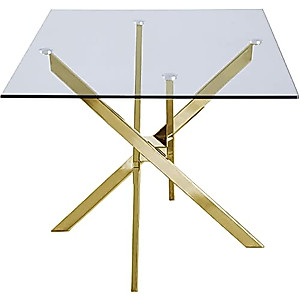 Meridian Furniture Xander Collection Modern | Contemporary Tempered Glass Top Dining Table with Durable Metal Base, 60" W x 36" D x 30" H, Gold Finish