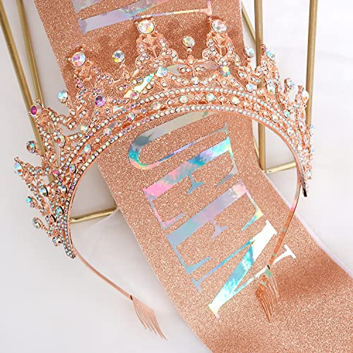 SuPoo Rose Gold Birthday Crown and Sash Kit Birthday Tiara Glitter Birthday Sash for Women Birthday Queen Sash Rhinestones Princess Crown with Comb Crystal Birthday Decorations Party Supplies Favors
