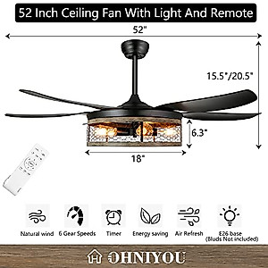Ohniyou Farmhouse Ceiling Fan with Lights and Remote,52 inch Rustic Ceiling Fan with Caged Light Fixture, Retro Black Outdoor Ceiling Fans for Patio,Living Room,Dining Room,Bedroom