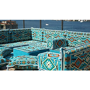 Light Blue Corner Floor Sofa Seating Set, U Shaped Arabic Sofa Set, Oriental Floor Seating, Floor Cushions, Living Room Sofa, Arabic Majlis,Floor Couch (U Sofa Full Set)