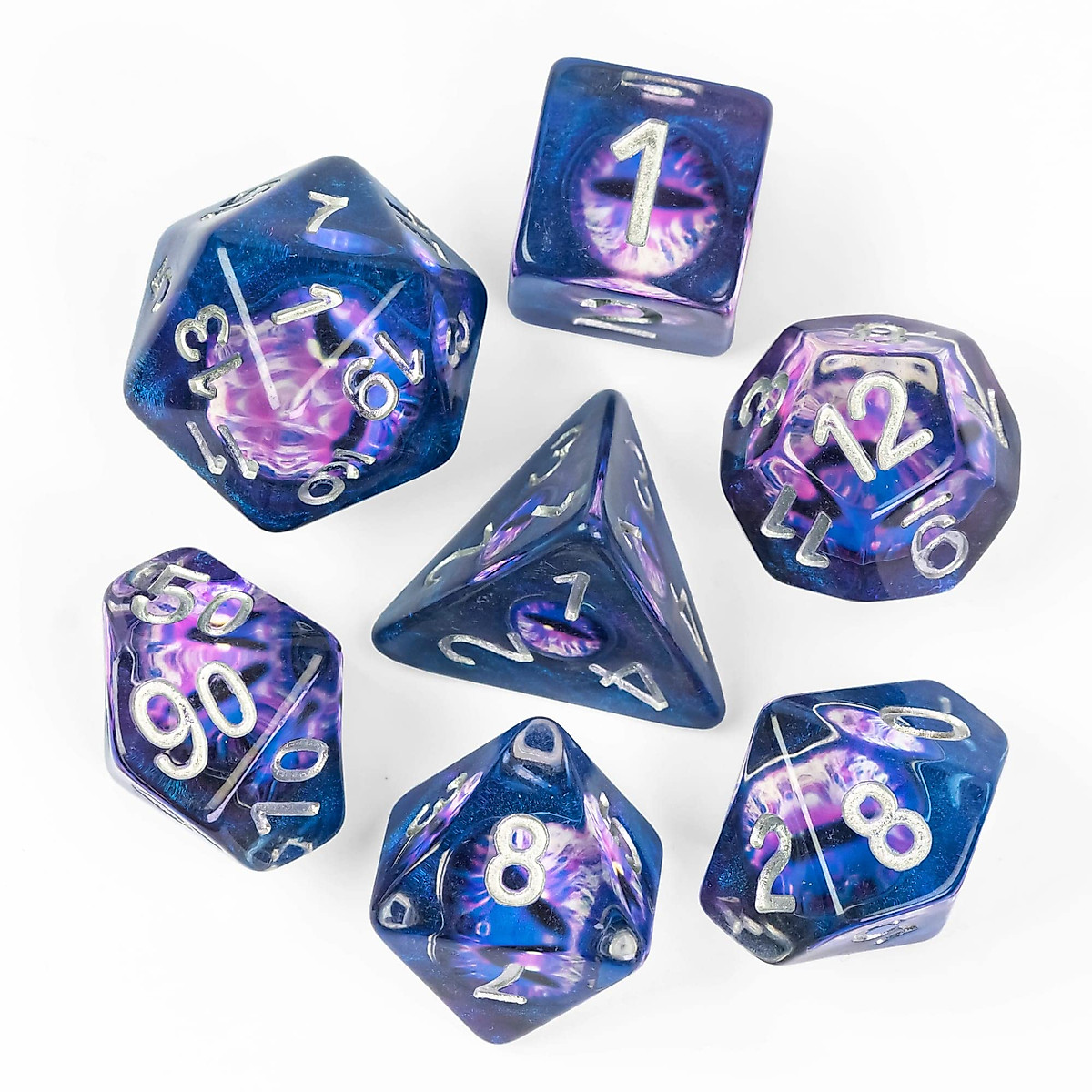Cusdie 7-Die DND Dice, Polyhedral Dice Set Filled with Eyeball, for Role Playing Game Dungeons and Dragons D&D Dice MTG Pathfinder (Purple Eyeball)