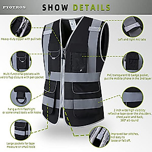 PYOTROS Reflective Safety Vest, High Visibility Construction Vest, 7 Pockets Security Vest, Black Class 2 ANSI/ISEA Surveyor Safety Vest for Women