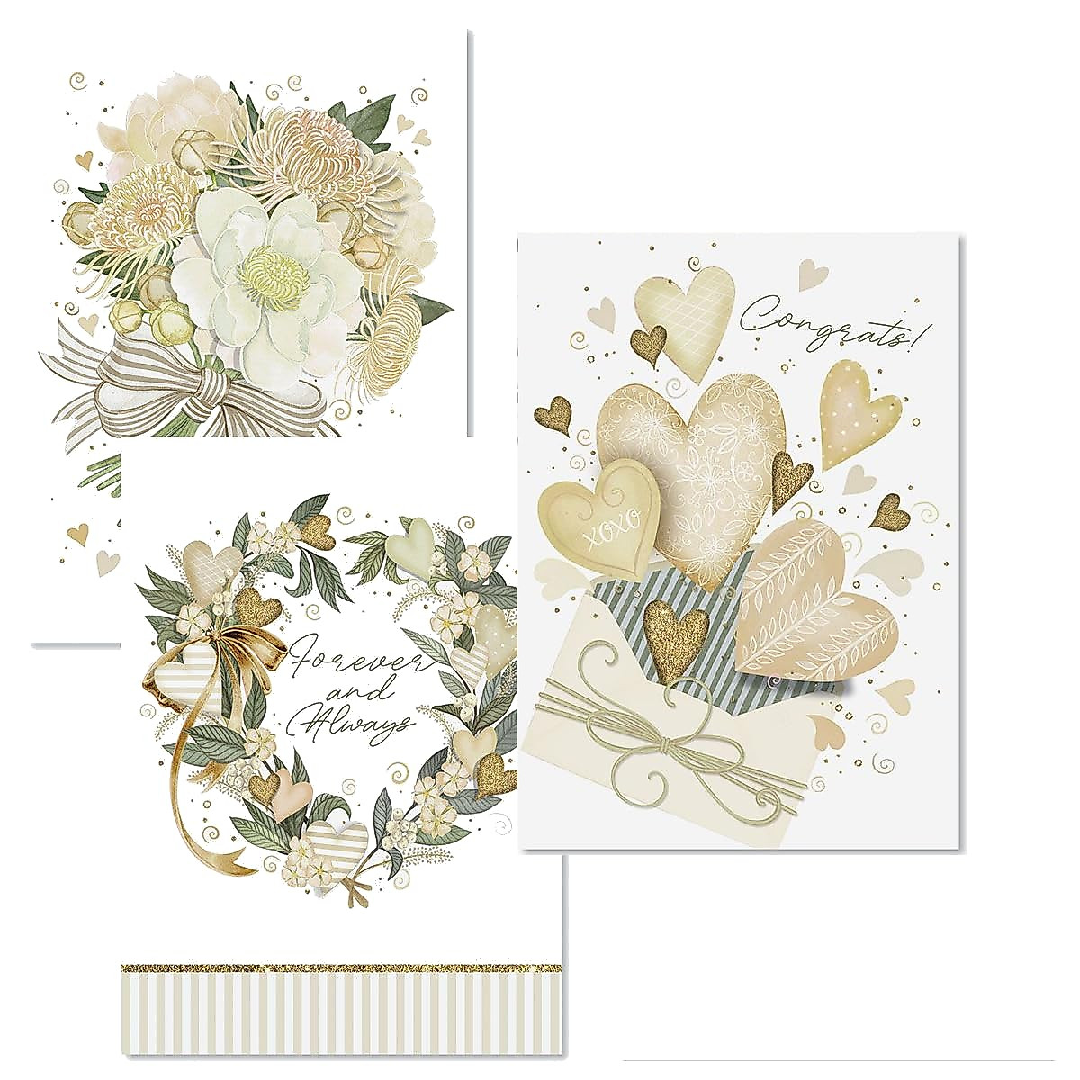 Current Wedding Stripes Congratulations Bride & Groom Greeting Cards by Nicoll Tamarin - Set of 8 (4 Designs), Large 5" x 7", Sentiments Inside, includes White Envelope