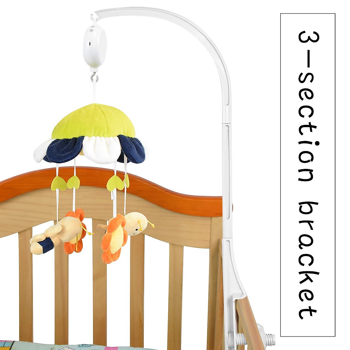 HLEEDUO 26 in Crib Mobile arm,Crib Mobile Motor can Adjustable Volume，Baby Mobile with 3 moeds(Rotating&Music,Rotating only,Music only),Music Box Play 12 lullabies，Mobile arm for Crib
