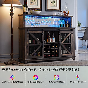 OKD Farmhouse Coffee Bar Cabinet with LED Lights, 55" Wine Bar Cabinet w/Sliding Barn Door & Wine and Glass Rack, Kitchen Buffet Cabinet w/Storage Shelves for Dining Room,Dark Rustic Oak