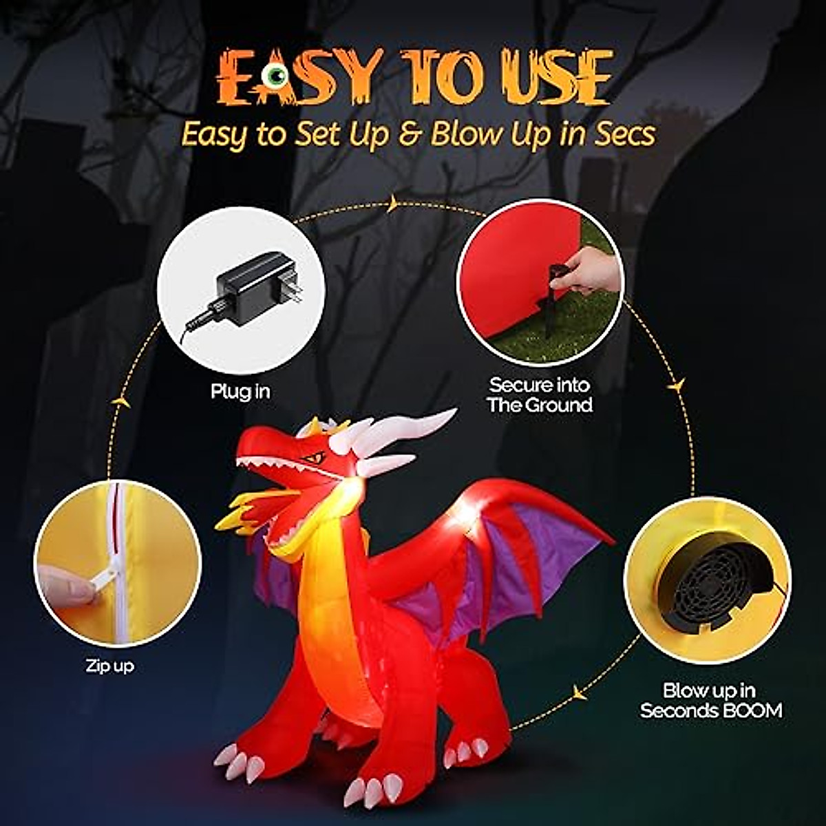 6 FT Halloween Inflatable Fire Dragon, Blow-up Red Dragon with Wings, Holiday Yard Decoration with LED Flash Light,Ground Stakes, for Lawn Yard Garden