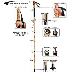 FOREST PILOT Trekking Pole- 1-pc Pack - Adjustable Hiking or Walking Stick –Strong, Natural Beech Wood - Quick Adjust Flip-Lock - Beech Wood Grip, Leather Strap (Black)