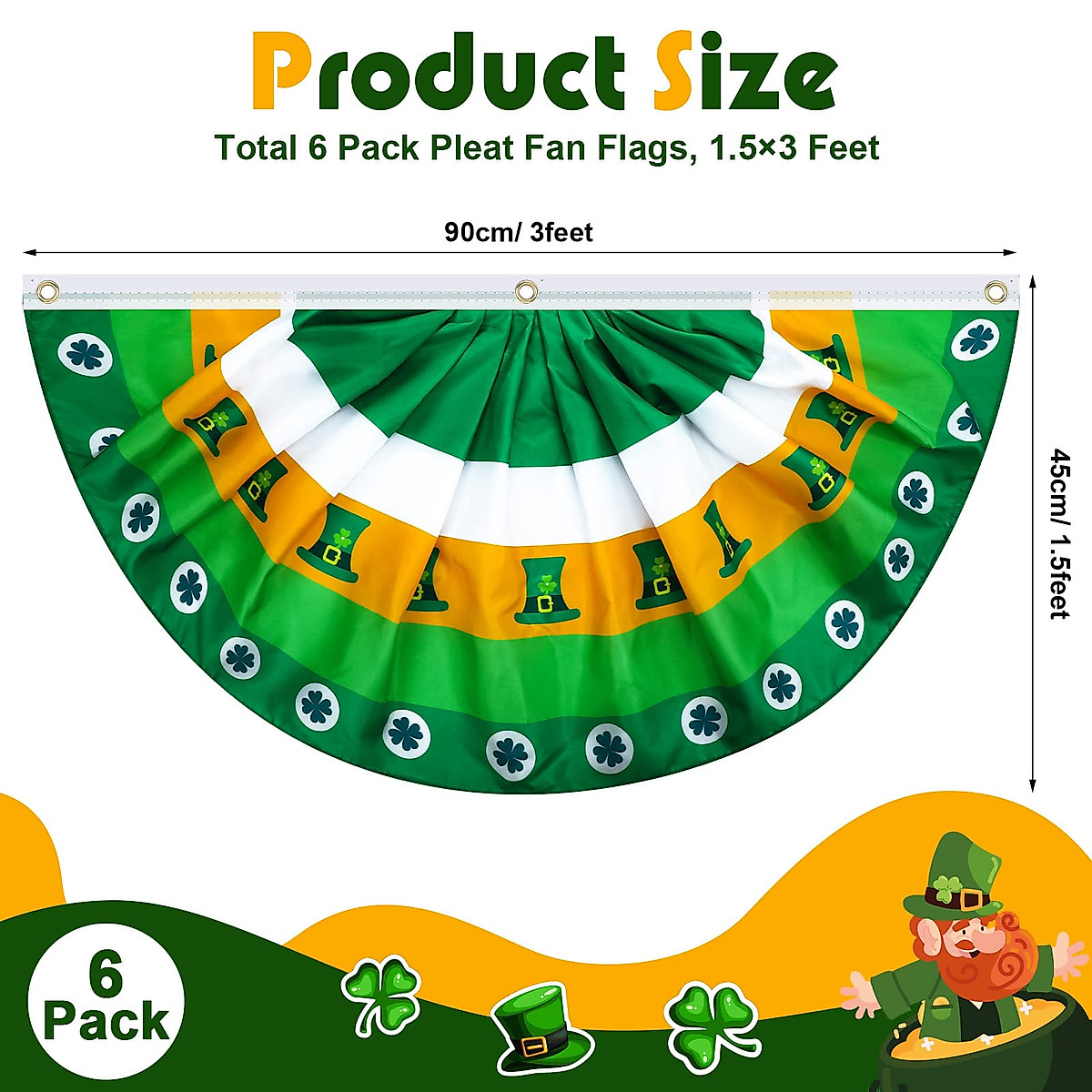 6 Pieces 1.5 x 3 Ft Ireland Flag St. Patrick Day Flag Shamrock Hat Irish Pleated Fan Flag Bunting Patriotic Half Fan Banner Decoration with Grommet for Indoor Outdoor Garden and Home Decorations