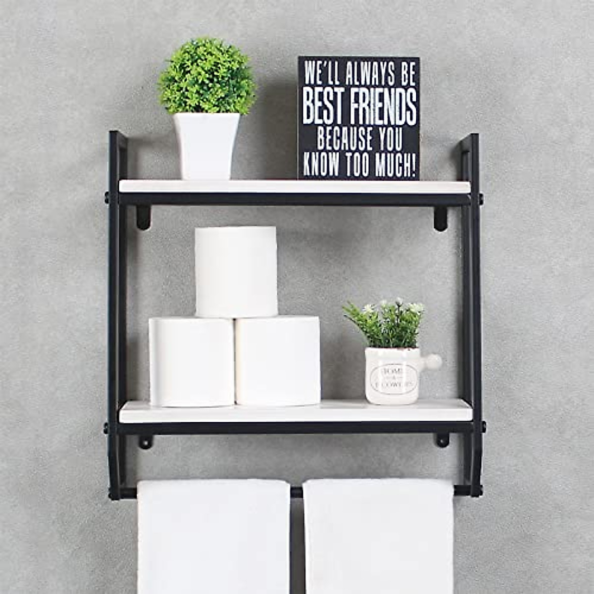 Bathroom Shelves 2-Tier Metal Industrial 16.9" Wall Mounted,Rustic Wall Shelf Over Toilet,Towel Rack with Towel Bar,Utility Storage Shelf Rack,Floating Shelves Towel Holder,Retro White