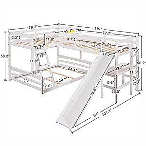 GINGVAT L Shaped Bunk Beds for 3, Wooden Triple Bunk Bed with Slide and Desk, Twin Over Full Bunk Bed & Twin Size Loft Bed with Desk for Kids Teens,No Spring Box Needed,White