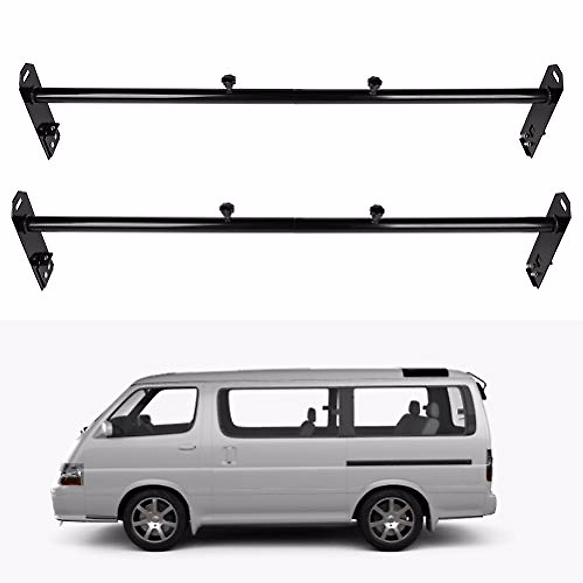 ECCPP Adjustable Van Ladder Rack Hightop 2 Bars Roof Rack fit for Chevy Express 2500 for Dodge for Ford E-250/350 for GMC Savana with Rain Gutters Heavy-Duty Steel Pickup Truck Ladder Rack