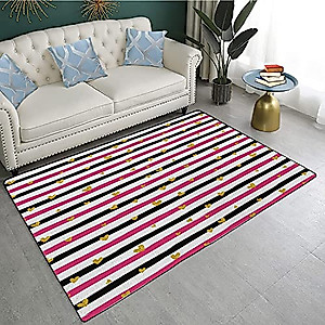 Gold and White Pattern Area Rug, Romantic Teenager Love Sign Hearts on Grunge Stripes Lines Decorative Contemporary Home Decor Hot Pink Black and White 59 x 71 Inch