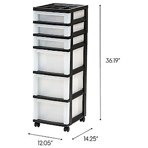 Storage Drawer Tower 6-Drawer Plastic Storage Cart with Organizer Top and Wheels, Clear/Black
