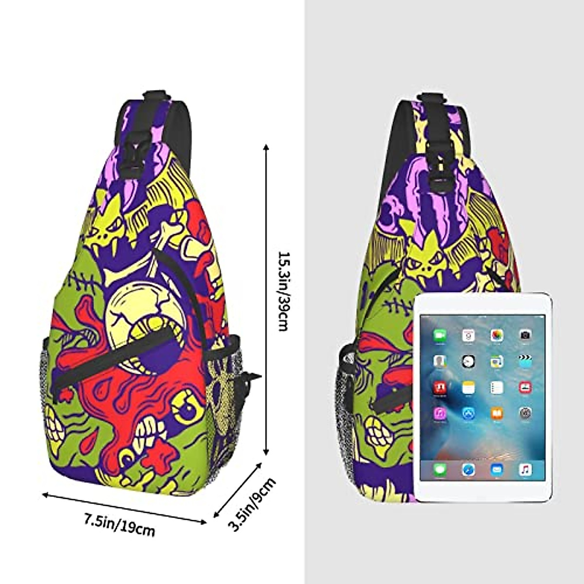 Mens Fashion Gym Bags Anti-Theft Halloween Pattern With Horror Elements Zombie Skull Colorful Crossbody Shoulder Backpack with Zipper, Multipurpose Sling ​Backpack for Cycling Traveling Hiking