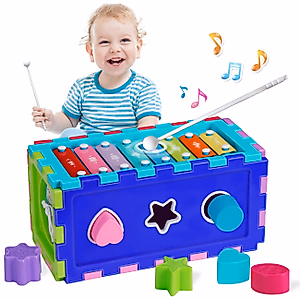 Ouji Toys for 1 2 3 Year Old Boy Gifts,Montessori Baby 6-12-18 Months Shape Sorter,Birthady Gifts Toddler Age 1-2,Learning Toddlers 1-3 Xylophone Stuff, Blue
