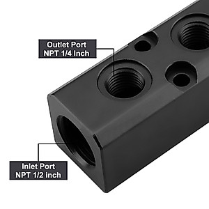 Air Manifold, 3 Way 5 Port Air Compressor Manifold, Air Hose Inline Manifold Block Splitter, Pneumatic Manifold Air Distribution Block, NPT 1/2 Inch Supply Port, NPT 1/4 Inch Output Port(BLACK)