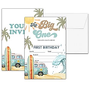 Chuxvon 1st Birthday Party Invitations, Surf Birthday Invitations, Double-Sided Retro Surf Van Surfboard Themed Fill In Invites, Beach Birthday Party Decorations, 20 Cards With 20 Envelopes(B01)
