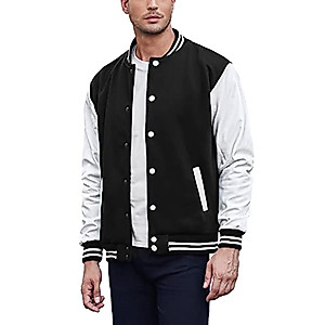 COOFANDY Men Fashion Varsity Jackets Leather Sleeve Slim Fit College Baseball Letterman Bomber Coat, Pure Black, XX-Large