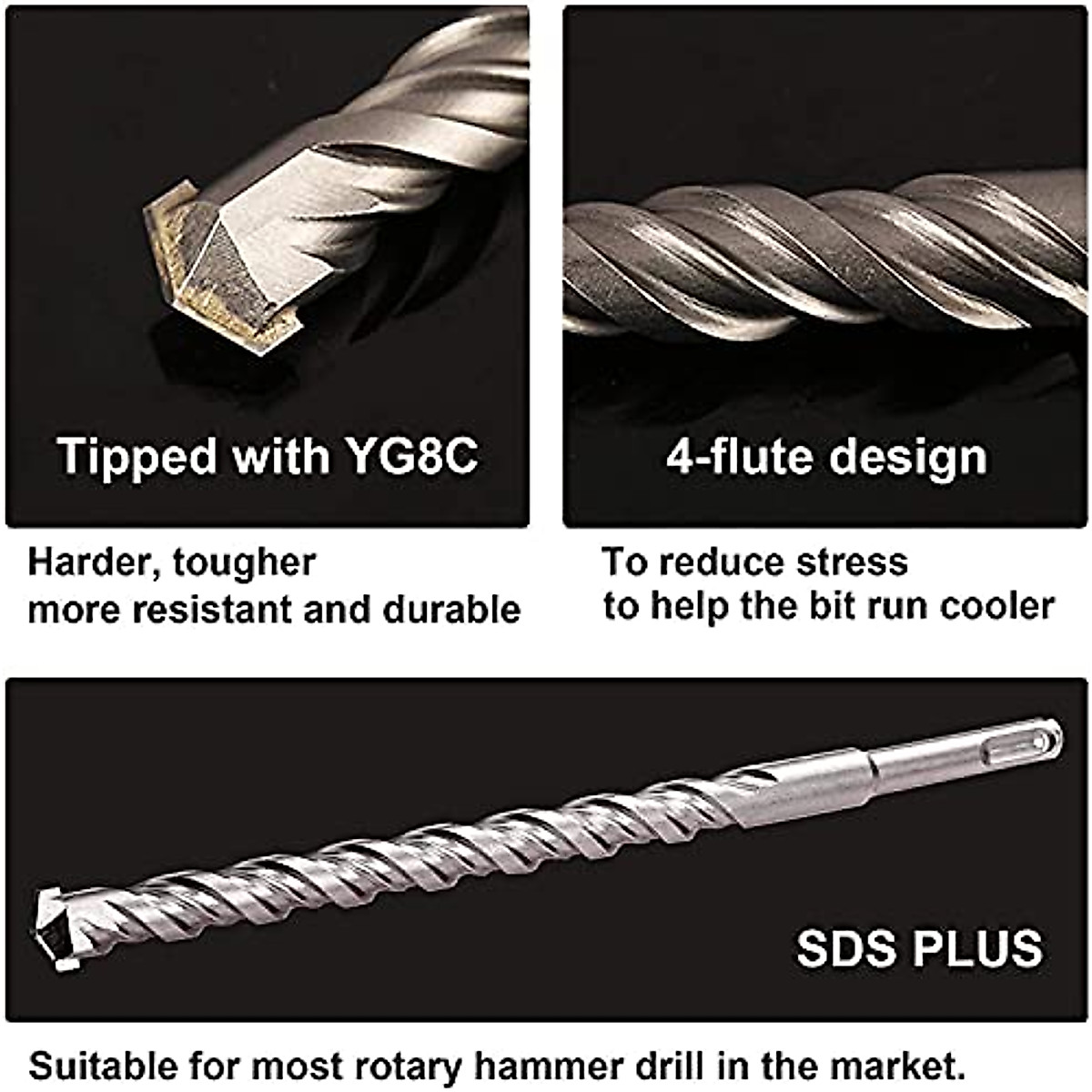 tonchean Rotary Hammer Drill Bits Set 17 PCS SDS Plus 40Cr Carbon Steel Concrete Masonry Chisel Set with Storage Carrying Case - 4 Flutes Drill Bit Carbide Tipped for Brick, Stone and Concrete