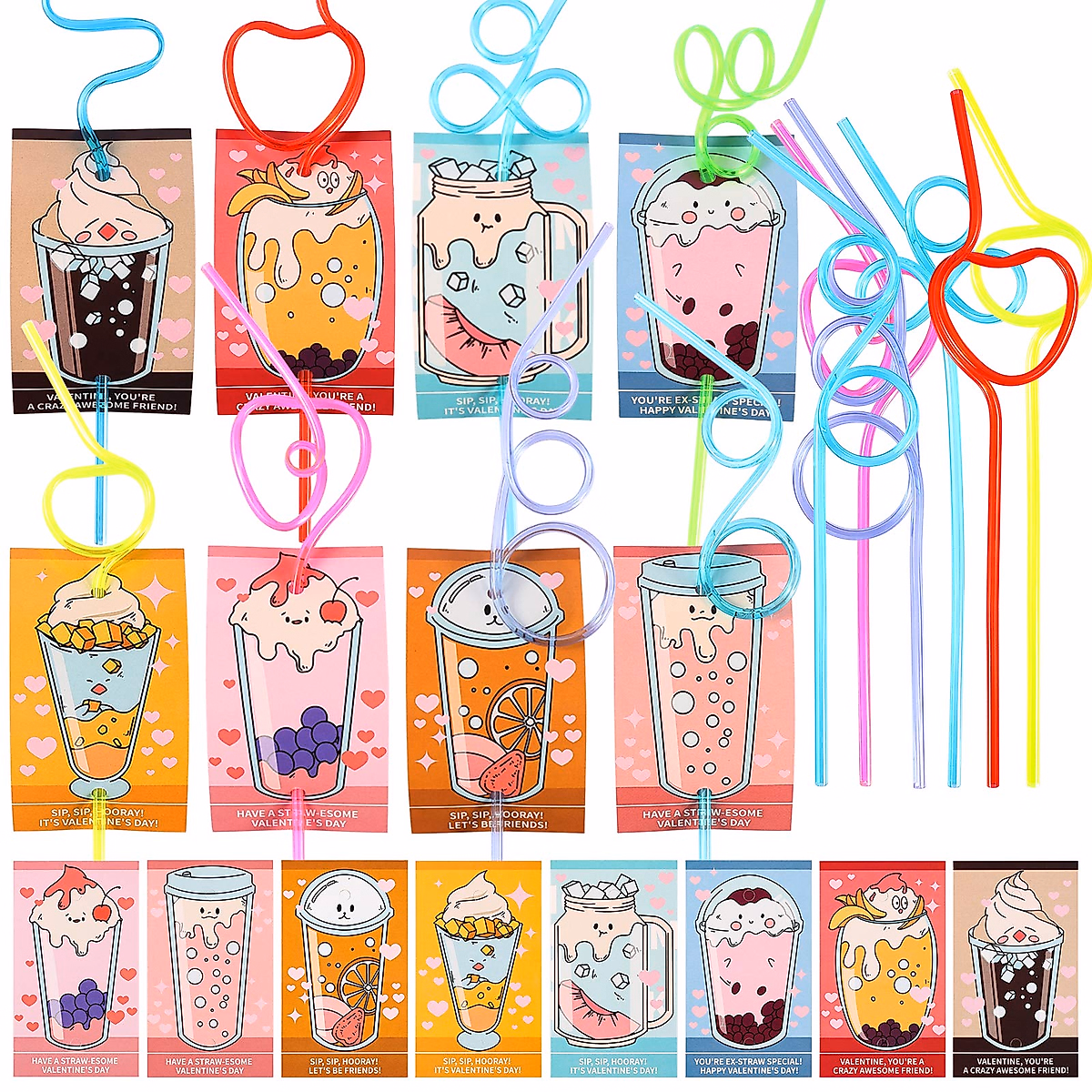 AOJOYS Valentines Day Cards for Kids 32 Pack - 32 Colorful Valentine Gift Cards + 32 Lovely Loops Reusable Drinking Straws for Classroom Exchange Prizes, Valentine Party Favors