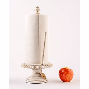 Mud Pie 47100002 Farmhouse Washed Beaded Wood Pedestal Paper Towel Holder, 16" x 6" Dia, White, Grey