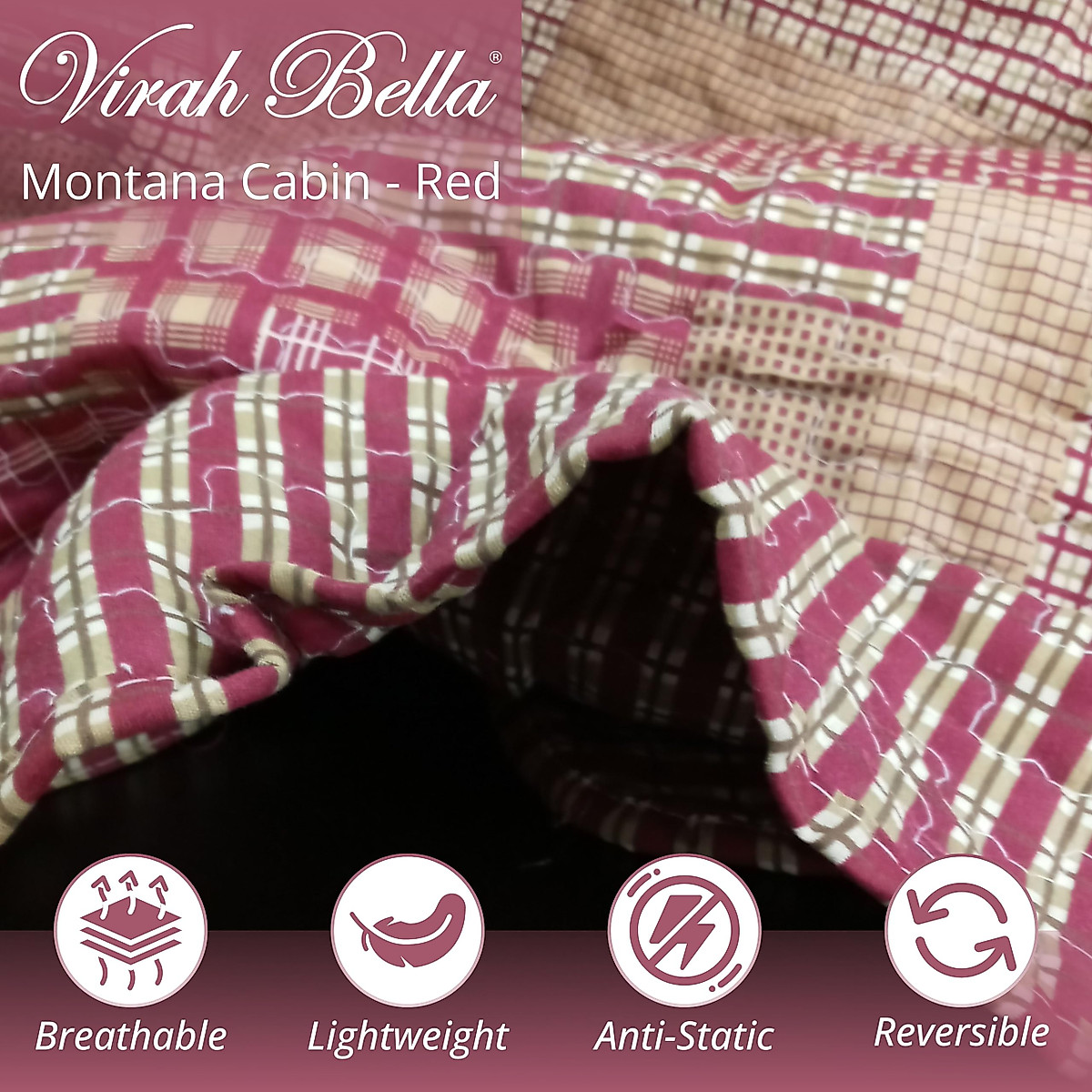 Virah Bella 2 Piece Full/Queen Lodge Quilt Bedding Set - Rustic Country Reversible Comforter Set with Decorative Pillow Shams - Montana Cabin: Red/Tan