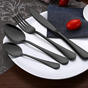 Wildone 48-Piece Black Flatware Set with Steak Knives, Stainless Steel Silverware Cutlery Set Service for 8, Tableware Eating Utensils Include Knives/Forks/Spoons, Mirror Polished, Dishwasher Safe