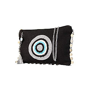 Karens Black-Silver Evil Eye Jute/Burlap Clutch Bag Beach bag Zipper (w/Chain)