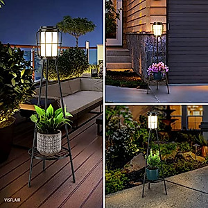 VISFLAIR Metal Solar Floor Lamps Outdoor with Plant Stand, 2 Pack Waterproof Solar Lantern Lights for Patio Deck Yard Garden Porch (Black)
