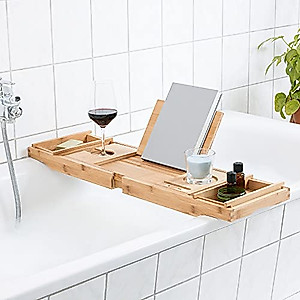 Navaris Bed and Bath Tray - Wooden Rack with Folding Legs - Bamboo Bathtub Caddy Bridge Shelf with Book or Tablet Stand - Natural Brown