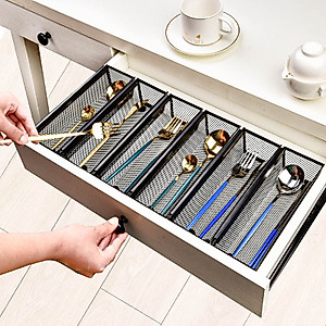 KUAKEE 11.8 x 3 x 2 Inch Silverware Drawer Organizer, 6 Pcs Metal Mesh Drawer Organizer for Kitchen, Black Utensil Organizer, Silverware Tray with Interlocking Arm for Flatware Knives Forks and Spoons