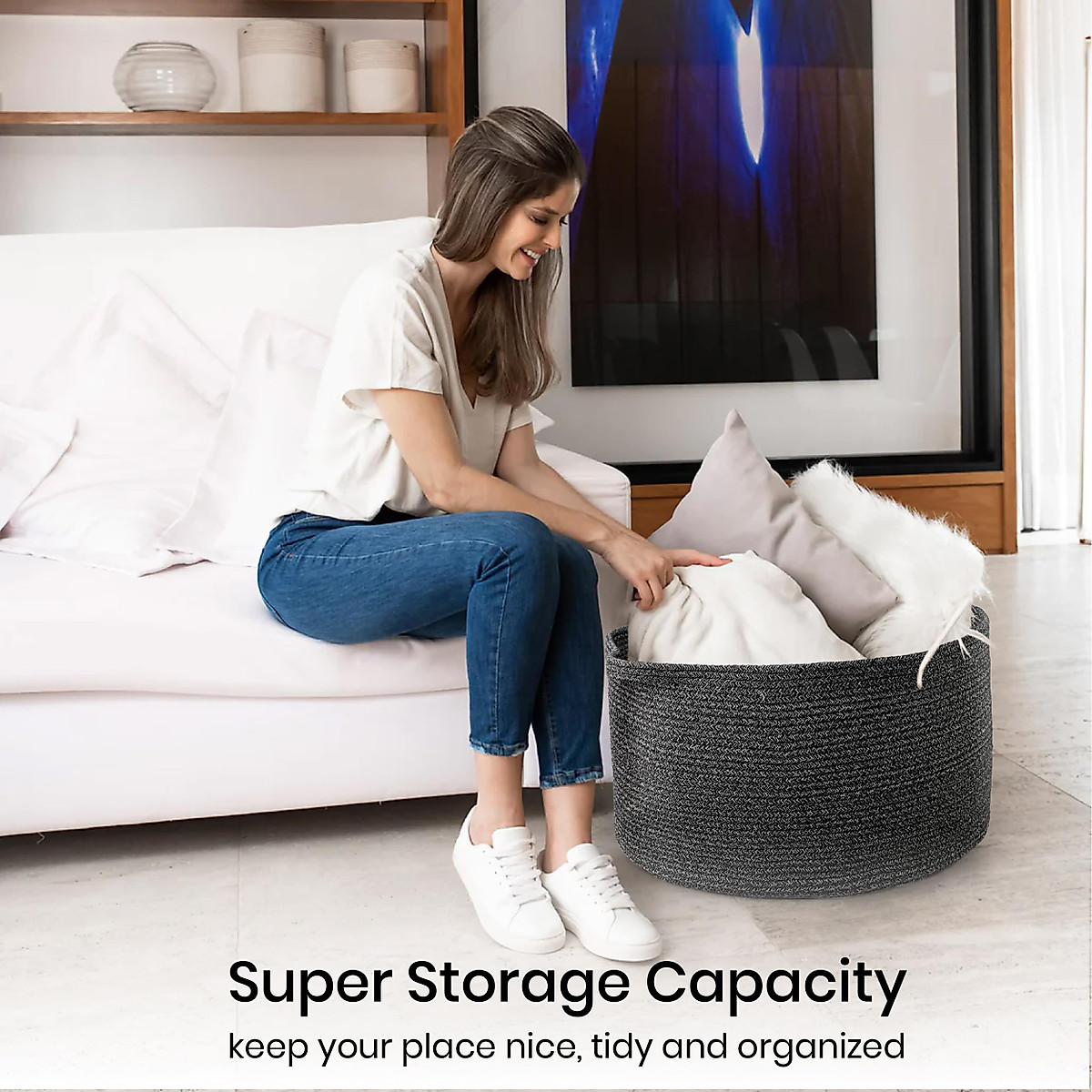 XXXL Large Blanket Basket 22x22x14 inch, Big Woven Basket for Blankets Storage, Throw Blanket Storage for Living Room Organizer, Extra Large Cotton Rope Laundry Blanket Basket for Cloth Storage -Black