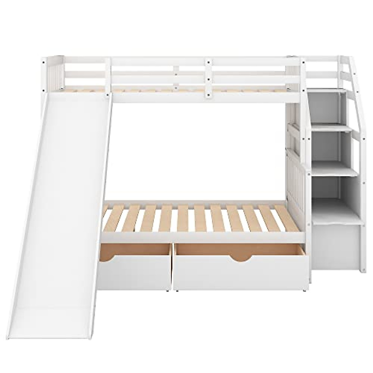 Twin Over Full Bunk Bed with 2 Drawers and Slide,Solid Wood Bunk Bed Frame with Convertible Storage Staircase for Kids, Teens Bedroom, Guest Room Furniture, No Box Spring Needed