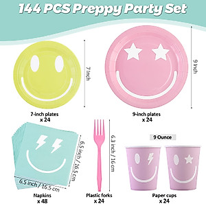 durony 144 Pieces Preppy Smile Face Party Tableware Set Party Decorations Include Smile Face Paper Plates Napkins Cups and Forks for Preppy Birthday Party Baby Shower Decor, Serve 24 Guest