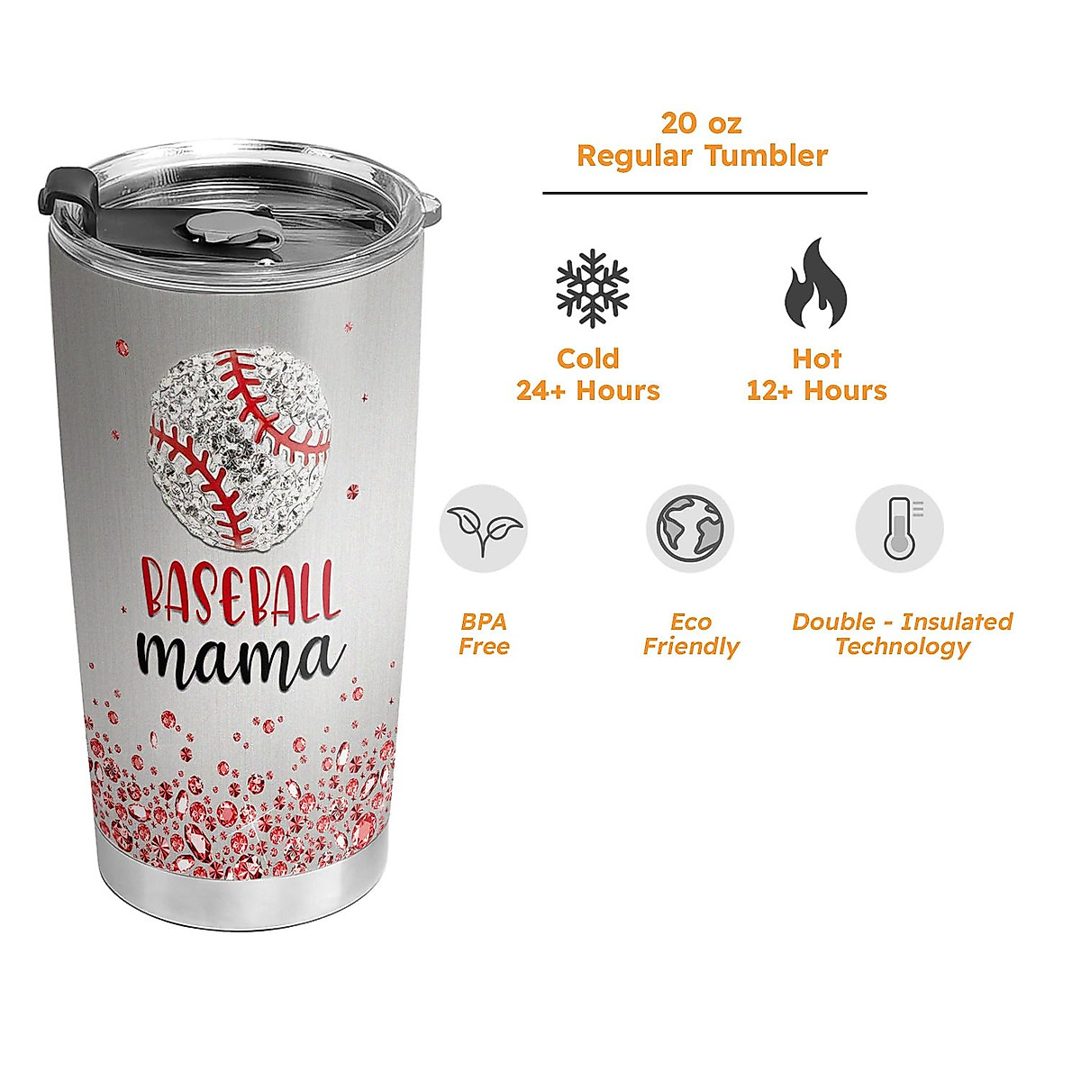 20oz Baseball Mama Tumbler, Basebal Mom Gifts for Mother, Grandma, Coffee Thermos for Women, Stainless Steel Double Wall Vacuum Insulated Coffee Mug, Travel Cup with Lid
