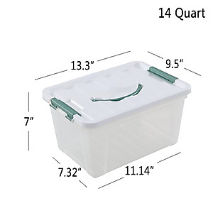 Pekky 1 Pack Plastic Small Latch Storage Box, 14 Quart Clear Lidded Storage Bin with Green Handle