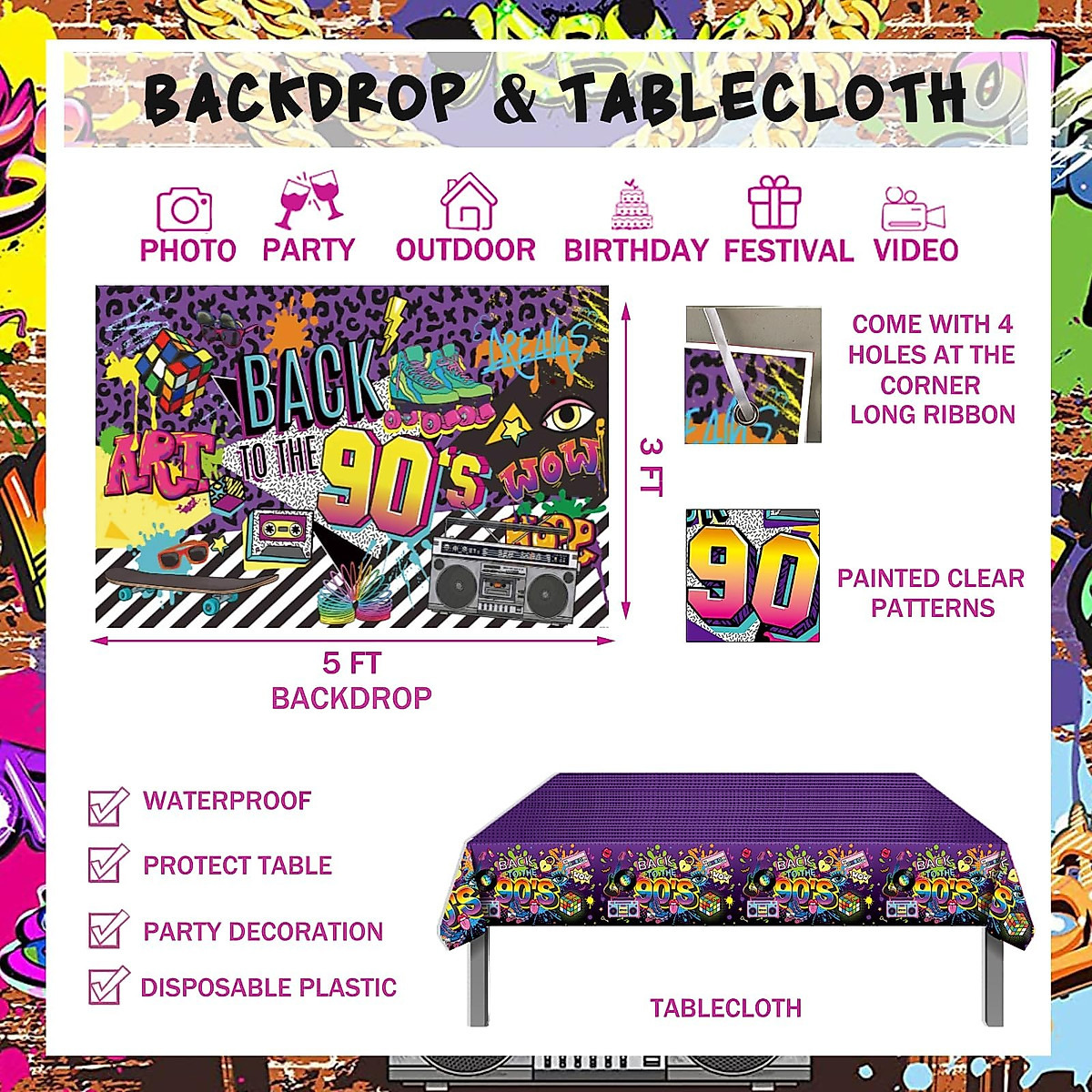 143 PCs 90s Party Decorations, Homond 90s Themed Birthday Party Decorations Backdrop Balloon Garland Arch Cutout Tablecloth Cupcake Toppers Gold Chain 4D Laser Disco Ball Explosion Star Retro