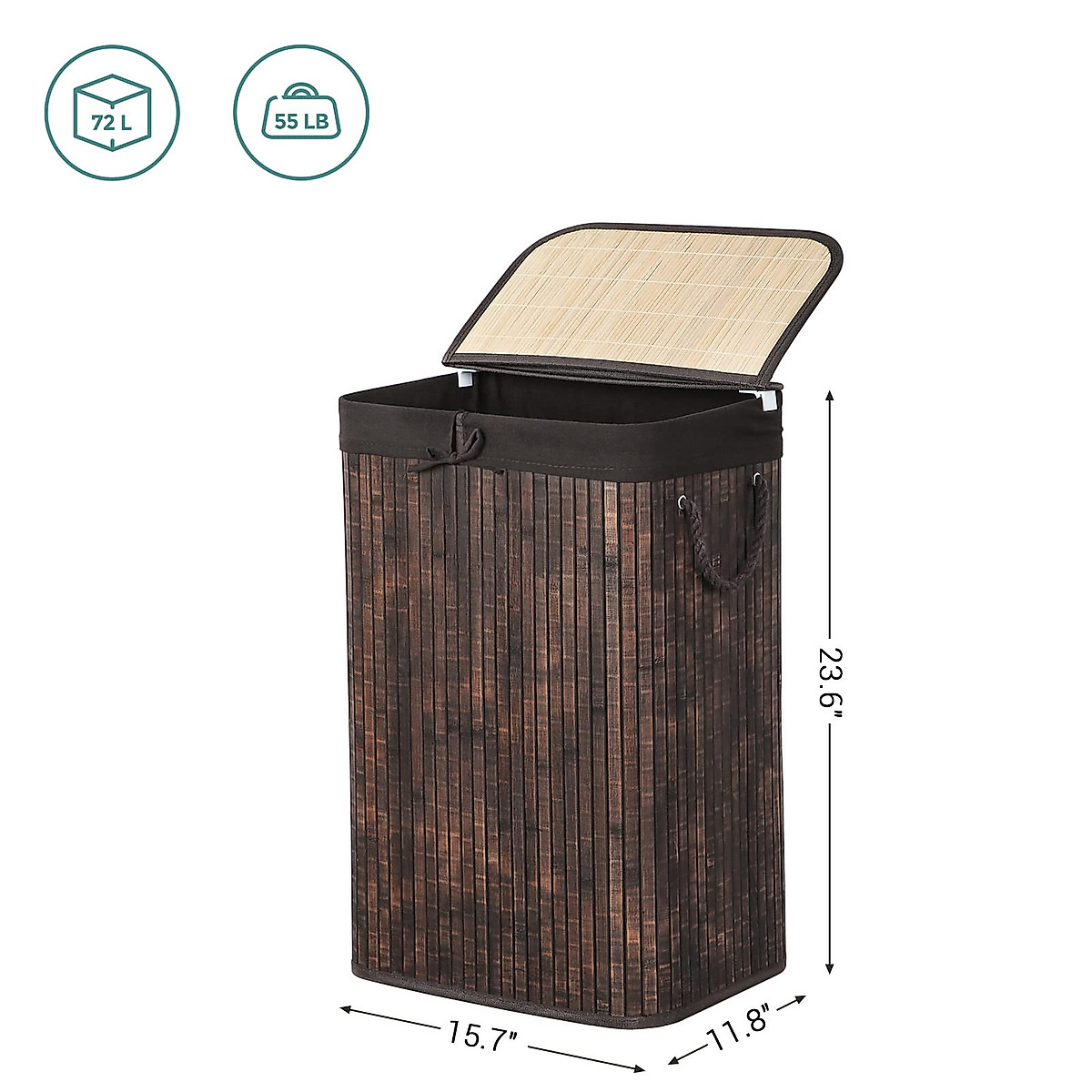SONGMICS Laundry Hamper with Lid, Bamboo Laundry Basket with Liner Bag, Foldable Storage Hamper with Handles in Bedroom Closet Laundry, 72L, Rustic Brown ULCB10WN