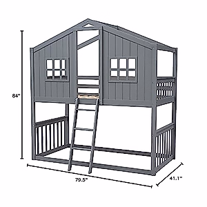 Merax Twin Over Twin House Bunk Bed with Ladder, Twin Wood Bed Frame with Roof Design, Bunk Bed for Teens, Boys and Girls, Gray